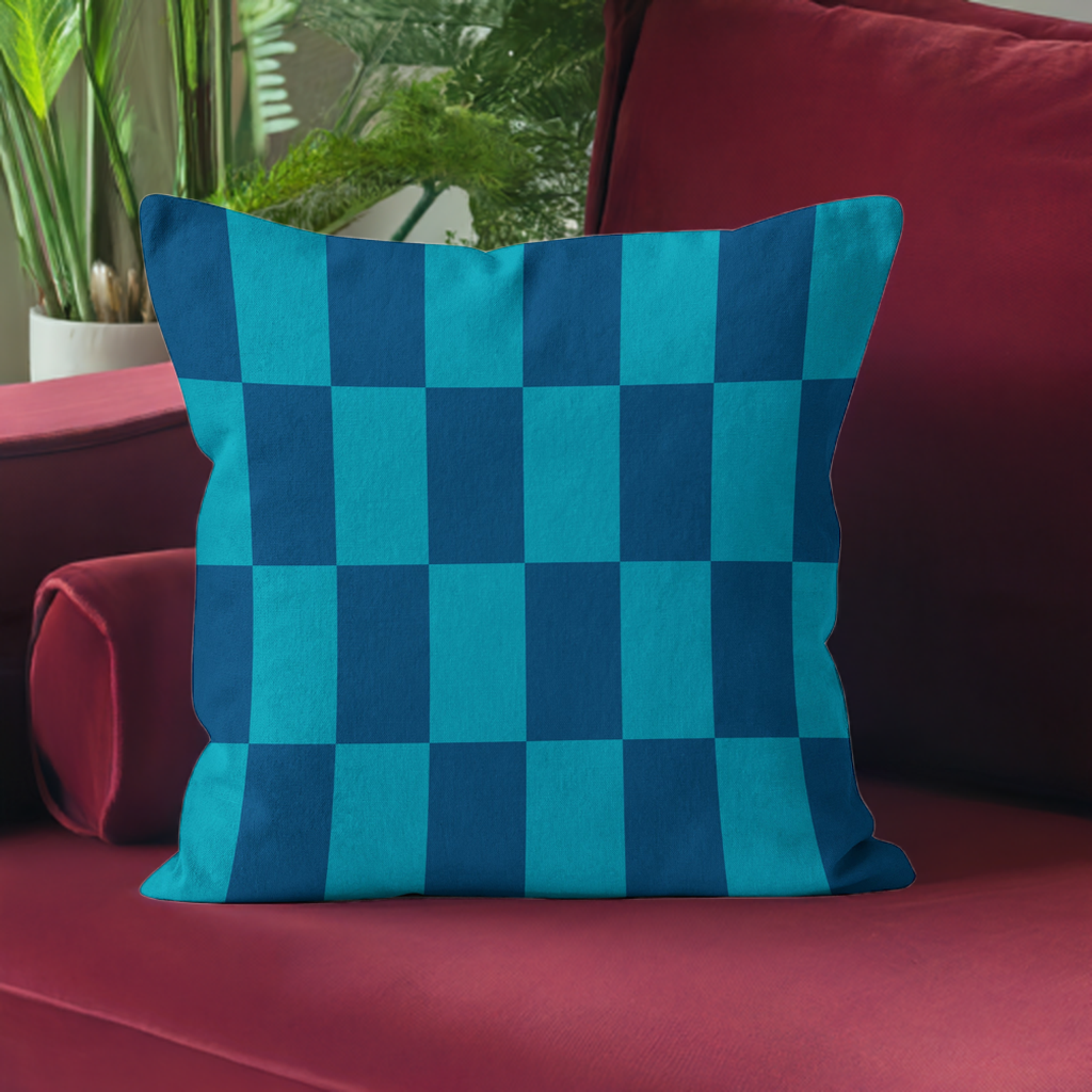 ‘Checkered Chic’ velvet cushion in azure blue – Sorbet Dreams