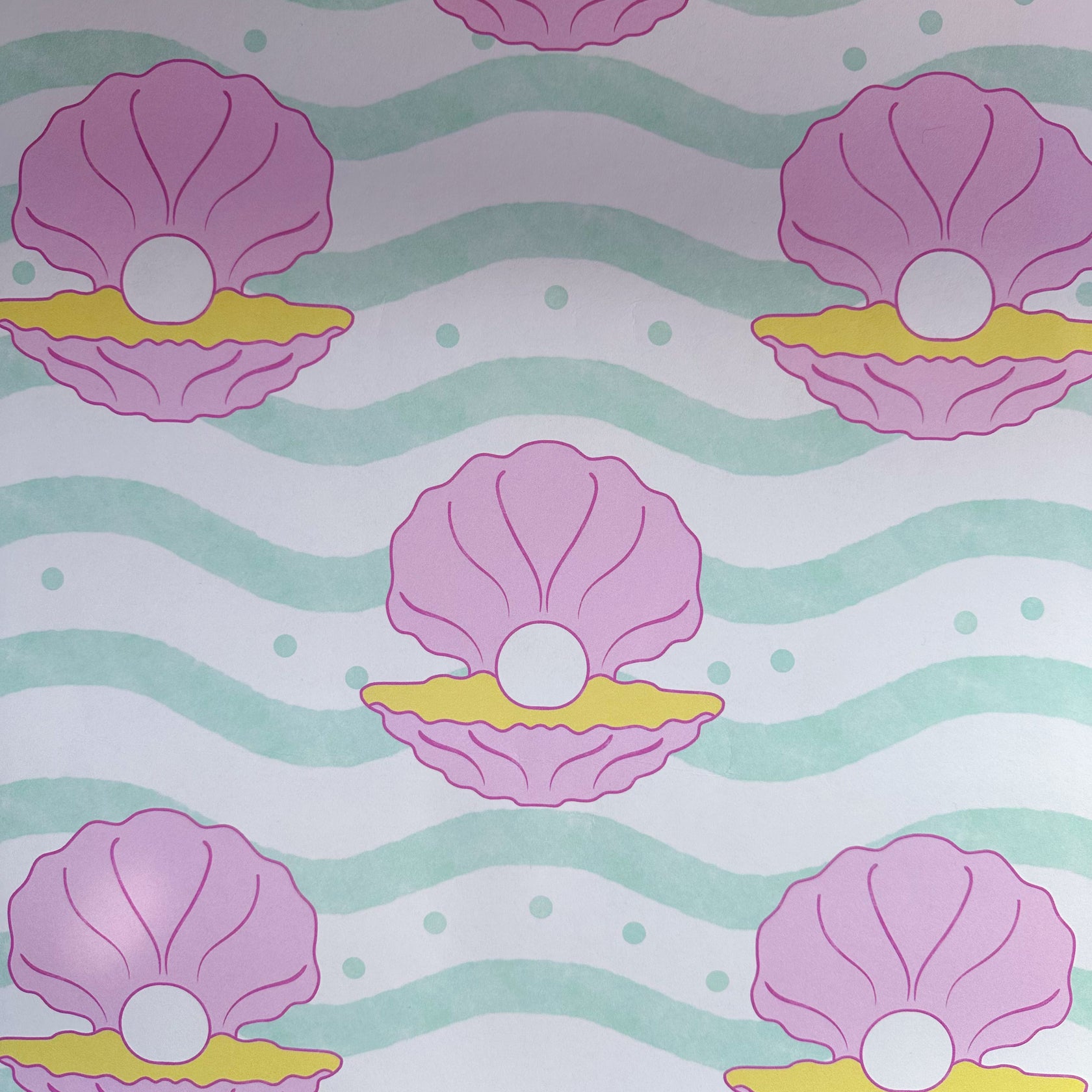 Gems of the Sea Wallpaper in Mint Green, Pink and Yellow | Seashell ...