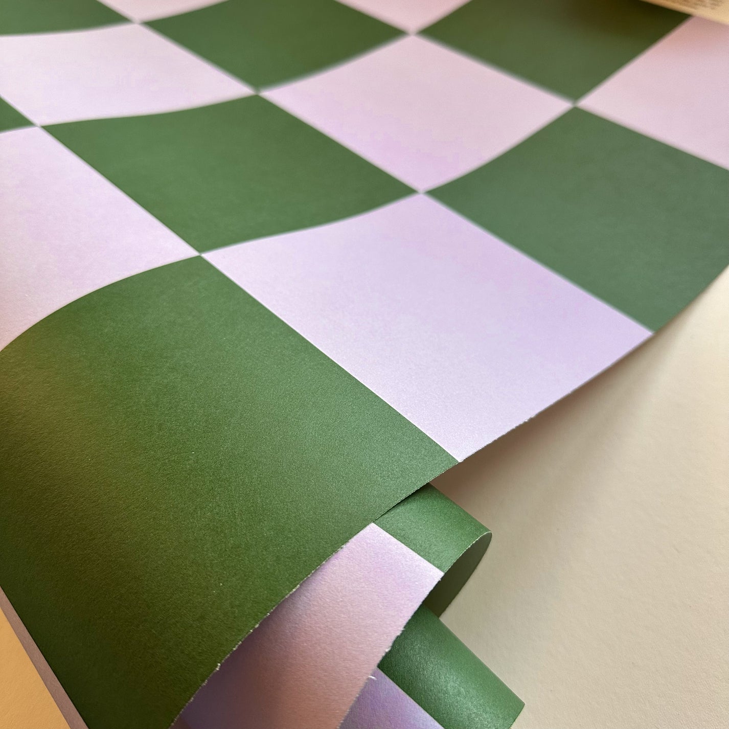 ‘Checkmate’ Checkerboard Wallpaper in green and soft purple – Sorbet Dreams