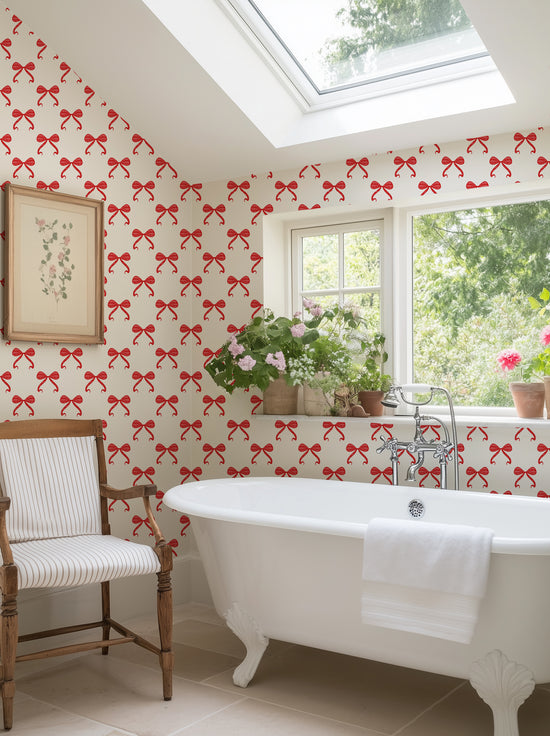 'A Bowtiful Day' Wallpaper in Red | Red Watercolour Coquette Bows wall ...