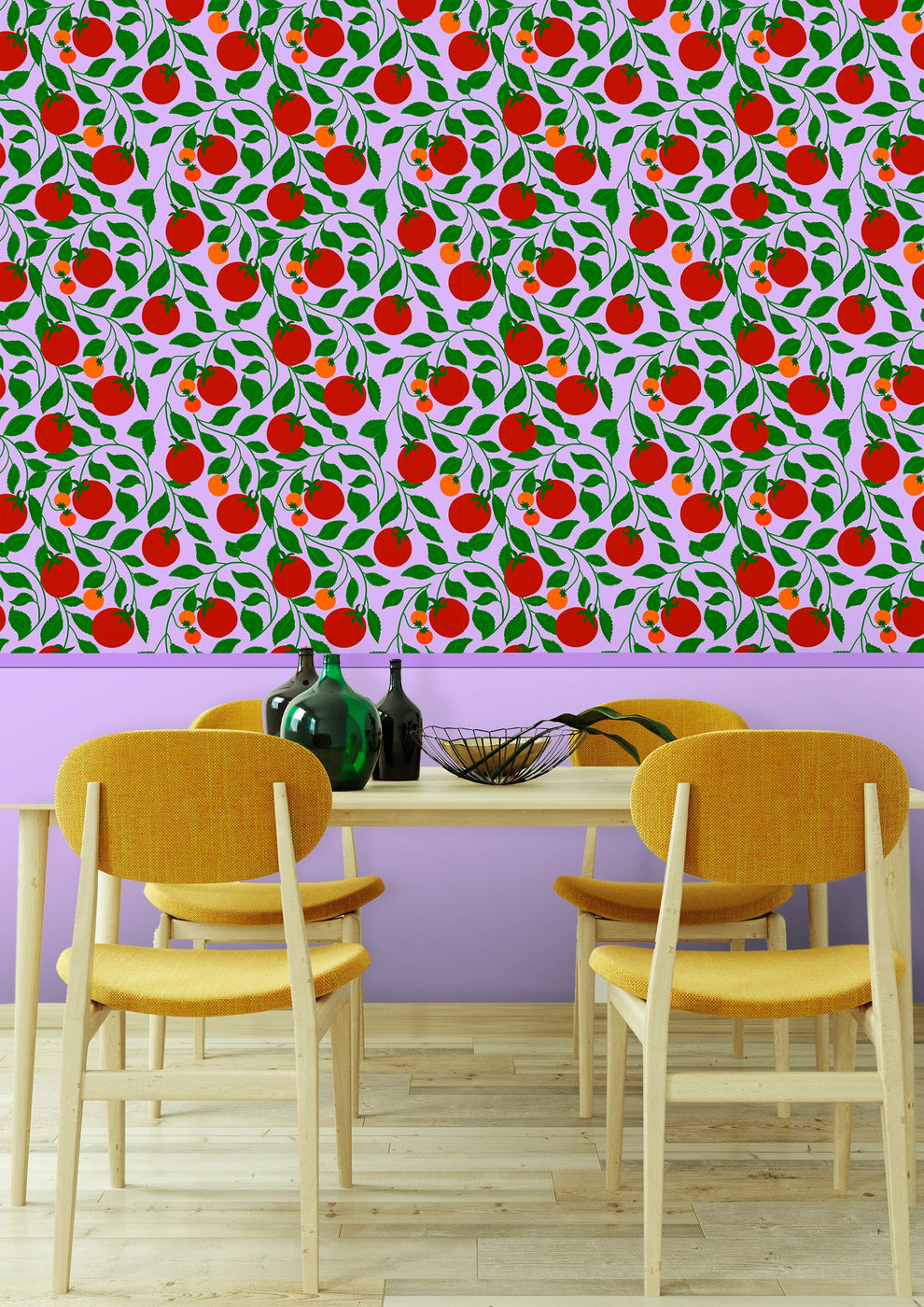 Tumbling Tomatoes Wallpaper in Lilac – Quirky Fruit Design | Paste the ...